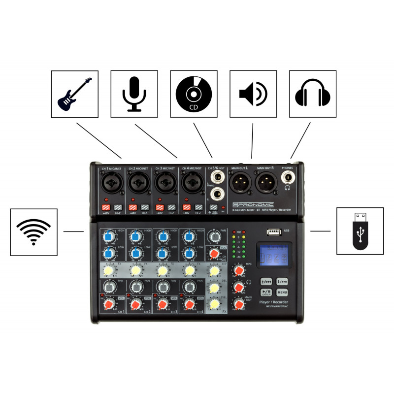 Pronomic B-603 mini mixpult s Bluetooth s USB rekordérem