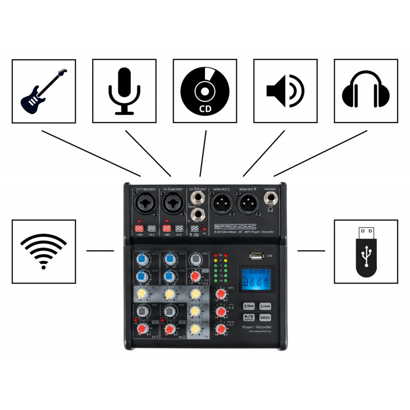 Pronomic B-403 mini mixpult s Bluetooth s USB rekordérem
